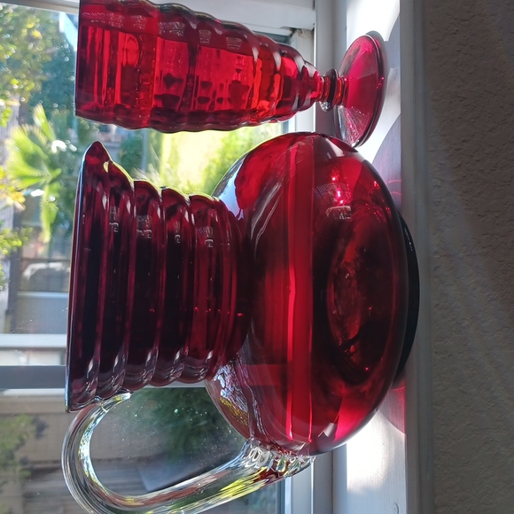 Dining | Vintage Red Glass Pitcher With Clear Glass Applied Handle ...